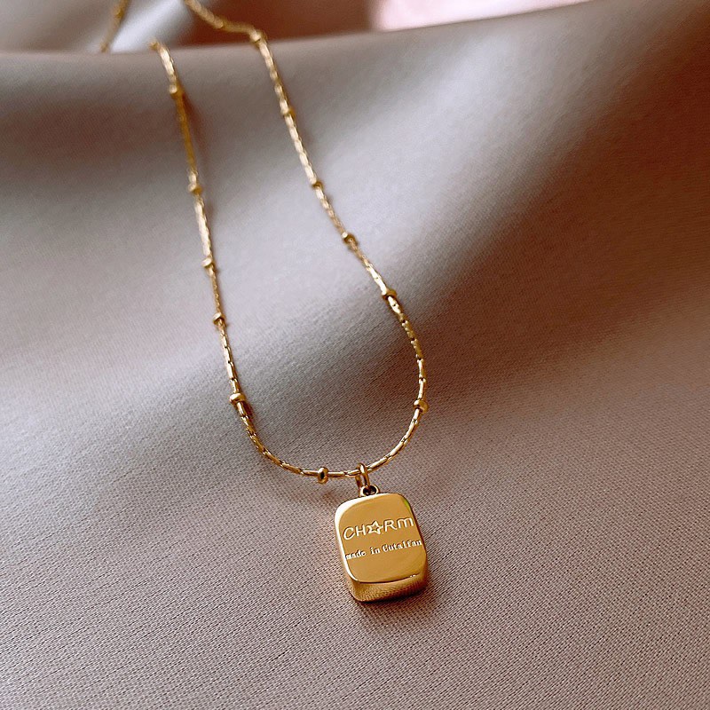 Golden Block|Alphabet Square Block Pendant Necklace |”Charm”|Bamboo ...