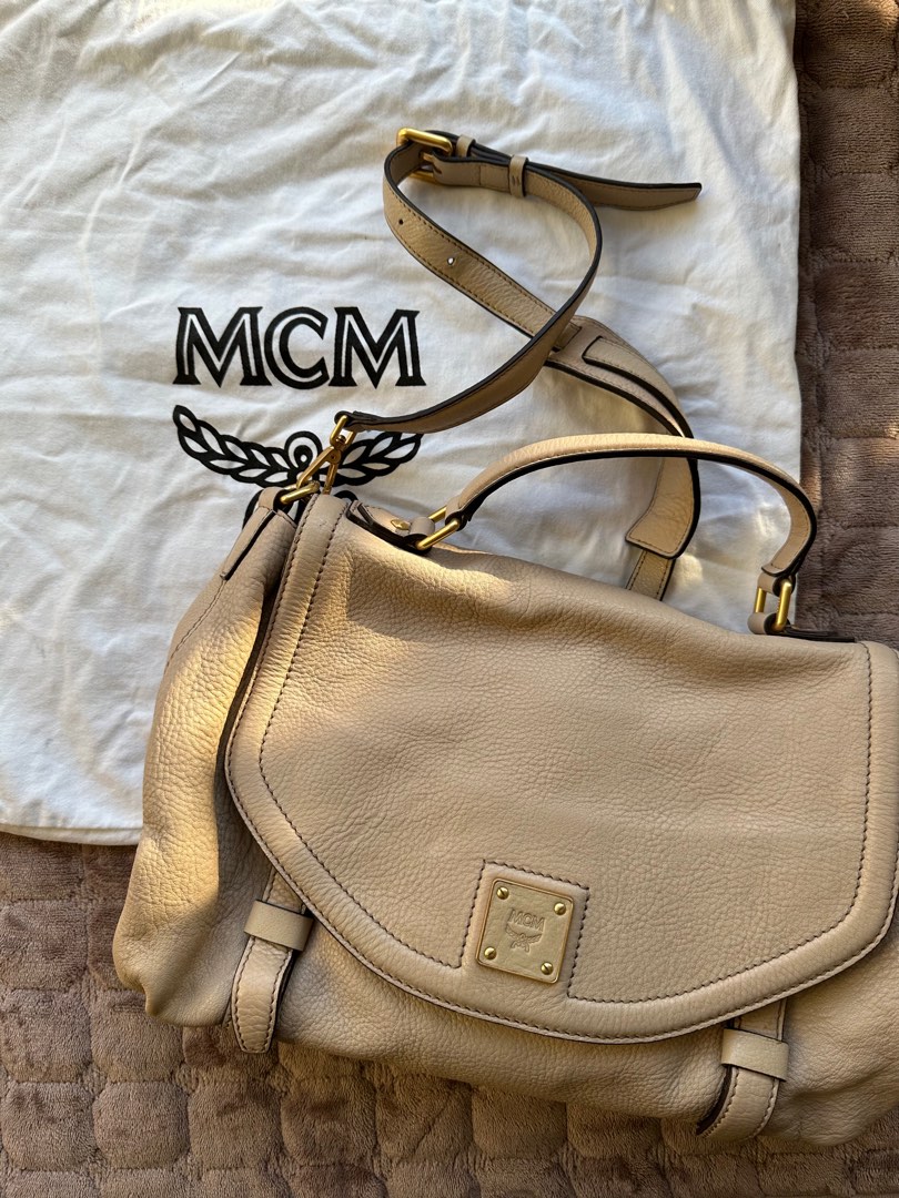 McM Beige Two-Way Bag, Luxury, Bags & Wallets on Carousell