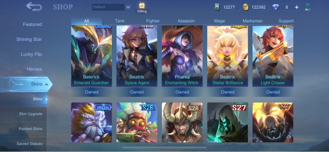 195 SKINS Mobile Legends Account PRIME BEATRIX,EPIC SELENA,EPIC ...