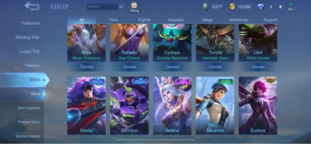 195 SKINS Mobile Legends Account PRIME BEATRIX,EPIC SELENA,EPIC ...