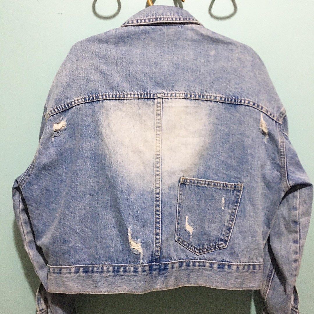 Oversized distressed tattered denim jacket dropped shoulder, Women's ...
