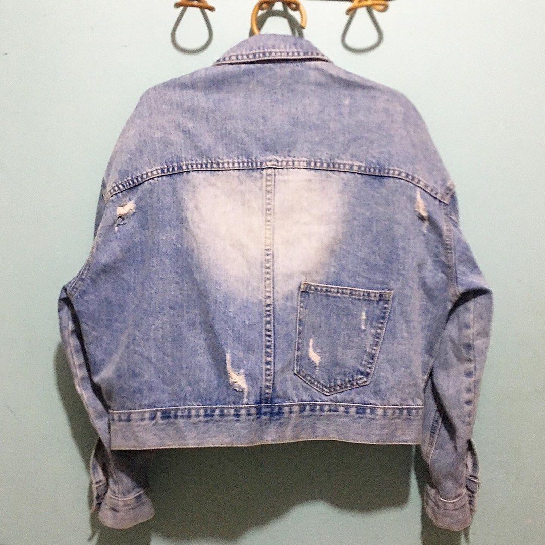 Oversized distressed tattered denim jacket dropped shoulder, Women's ...