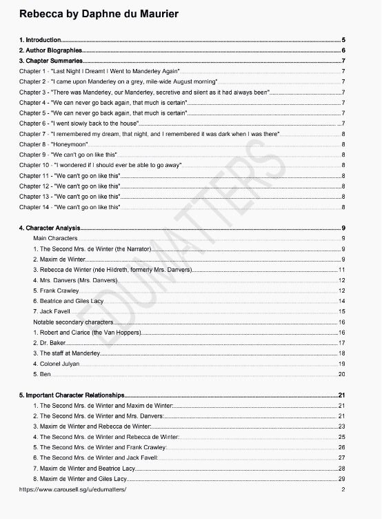 Rebecca by Daphne du Maurier Literature Study Guide Notes Complete ...