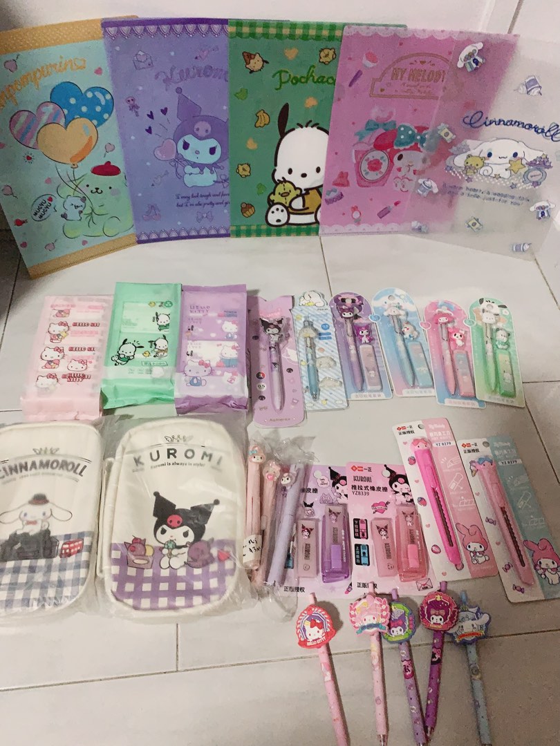 Sanrio character a4 file wet tissue ouch penknife pencil set pen easers ...