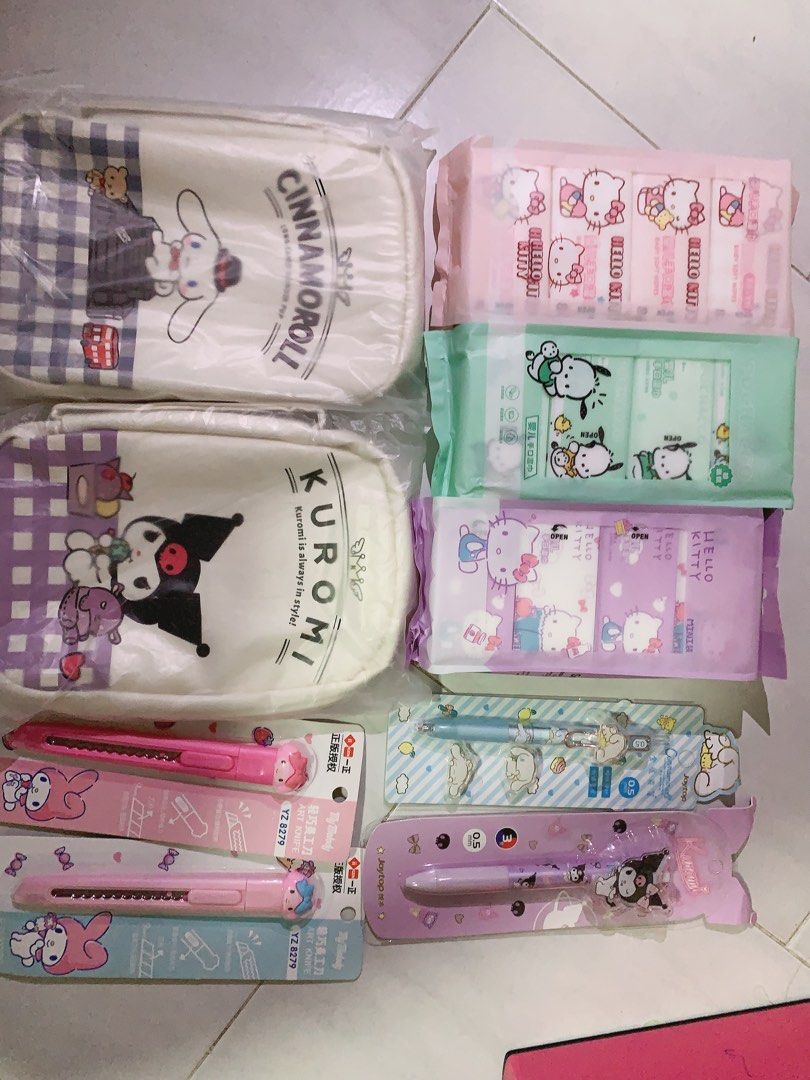 Sanrio character a4 file wet tissue ouch penknife pencil set pen easers ...