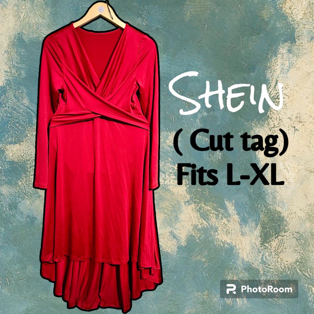 Shein Glossy/ Semi-shiny Red Long back dress, Women's Fashion, Dresses ...
