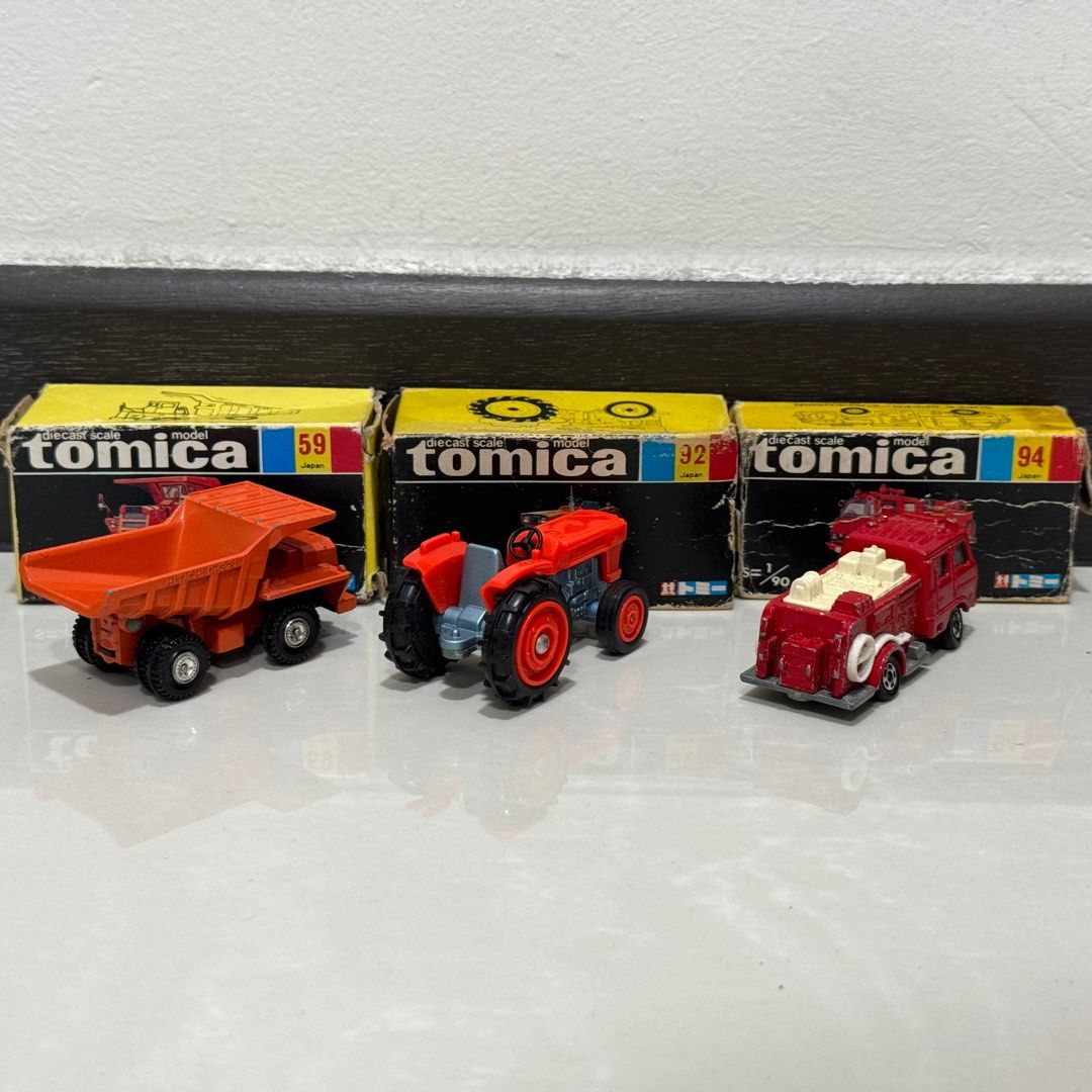Tomica Made in Japan #59 Hitachi DH321 Dump Car, #92 Kubota Tractor ...