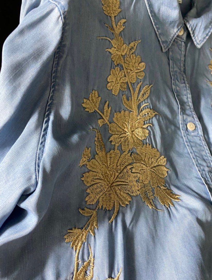 Zara premium gold thread embroidery shirt, Women's Fashion, Tops ...