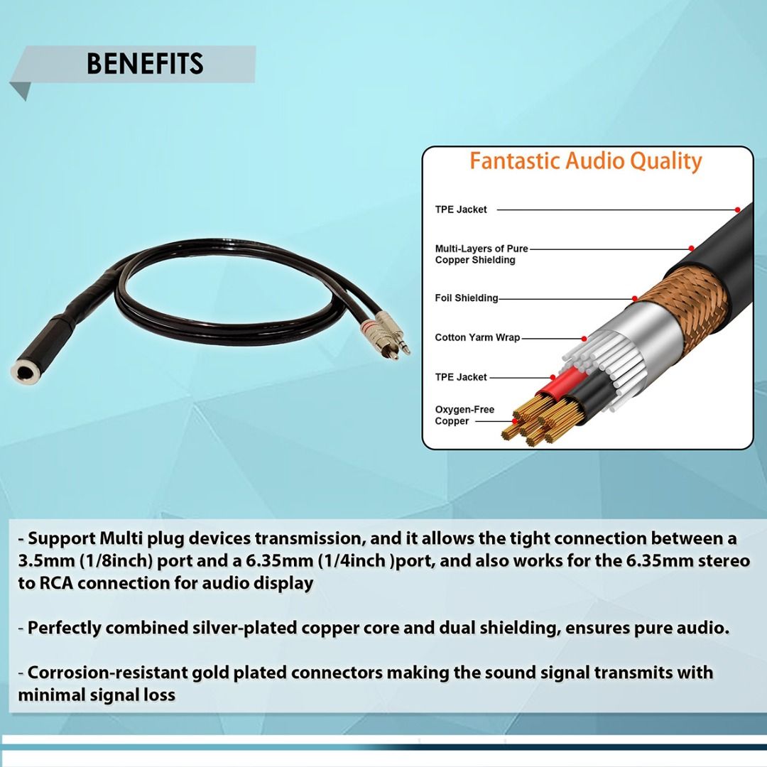 6.35mm (1/4inc) FEMALE TRS to 3.5mm MALE TRS + RCA MALE Y SPLITTER ...