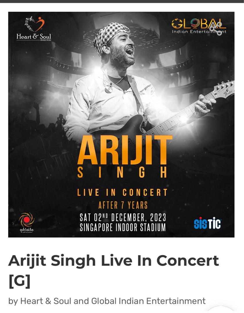ARIJIT SINGH tickets, Tickets & Vouchers, Event Tickets on Carousell