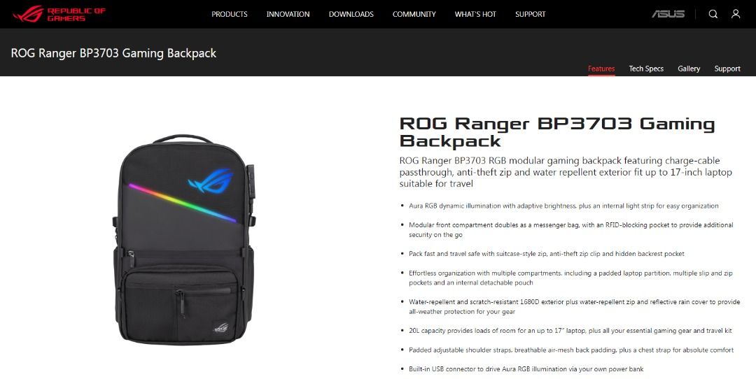 Asus ROG Ranger BP3703 Gaming RGB Backpack, Computers & Tech, Parts ...