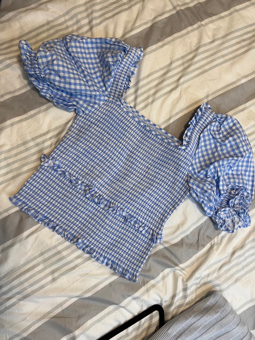 Blue Gingham Top, Women's Fashion, Tops, Blouses on Carousell