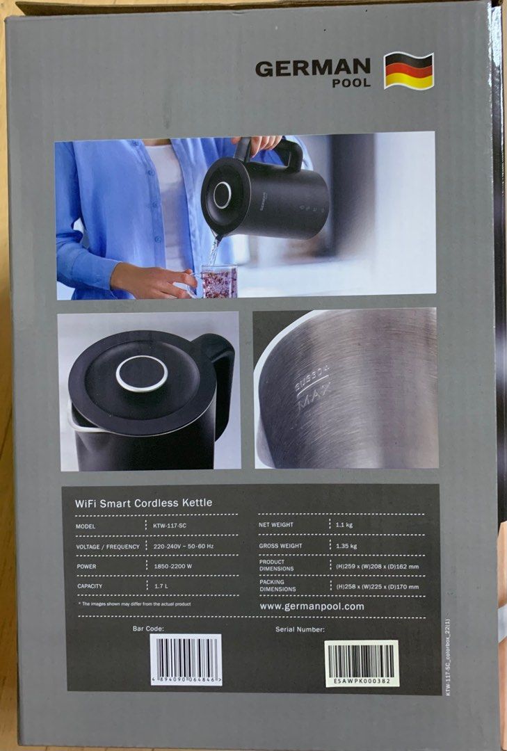 全新未拆German Pool KTW-117-SC WiFi 智能無線電熱水壺 Smart Cordless Kettle, 家庭電器 ...