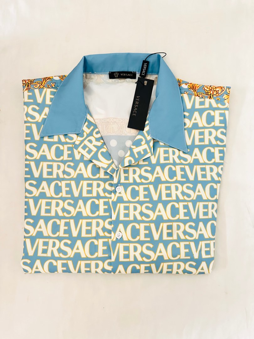 Mens Versace Summer Button down Icy blue edition, Men's Fashion, Tops ...