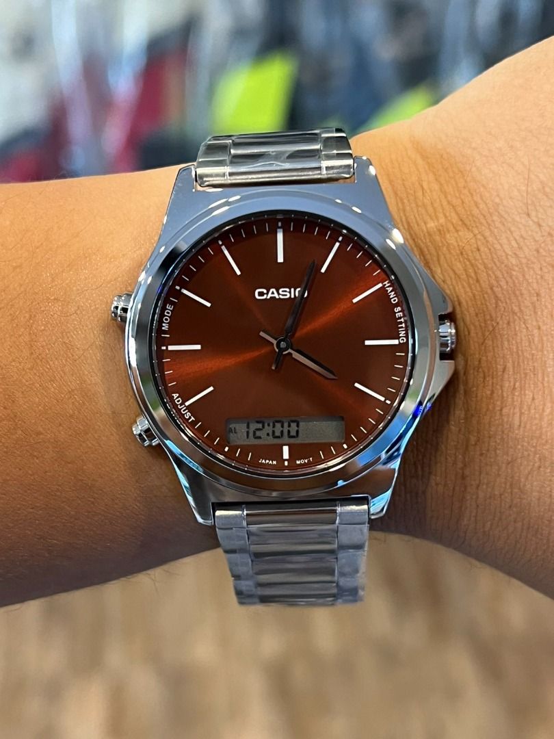 ORIGINAL CASIO Analog Digital Red Dial Stainless Steel Men's Watch MTP ...