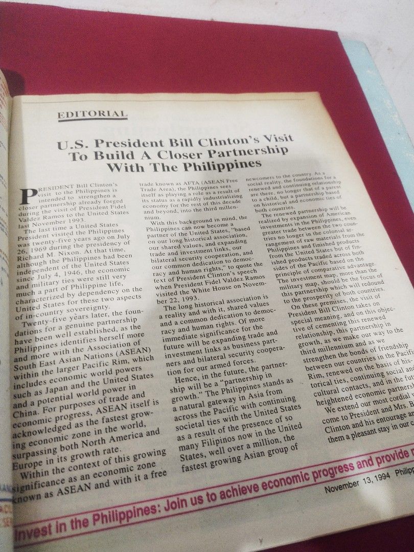 President Bill Clinton visits 1994 Manila visit/ PANORAMA magazine/1994 ...
