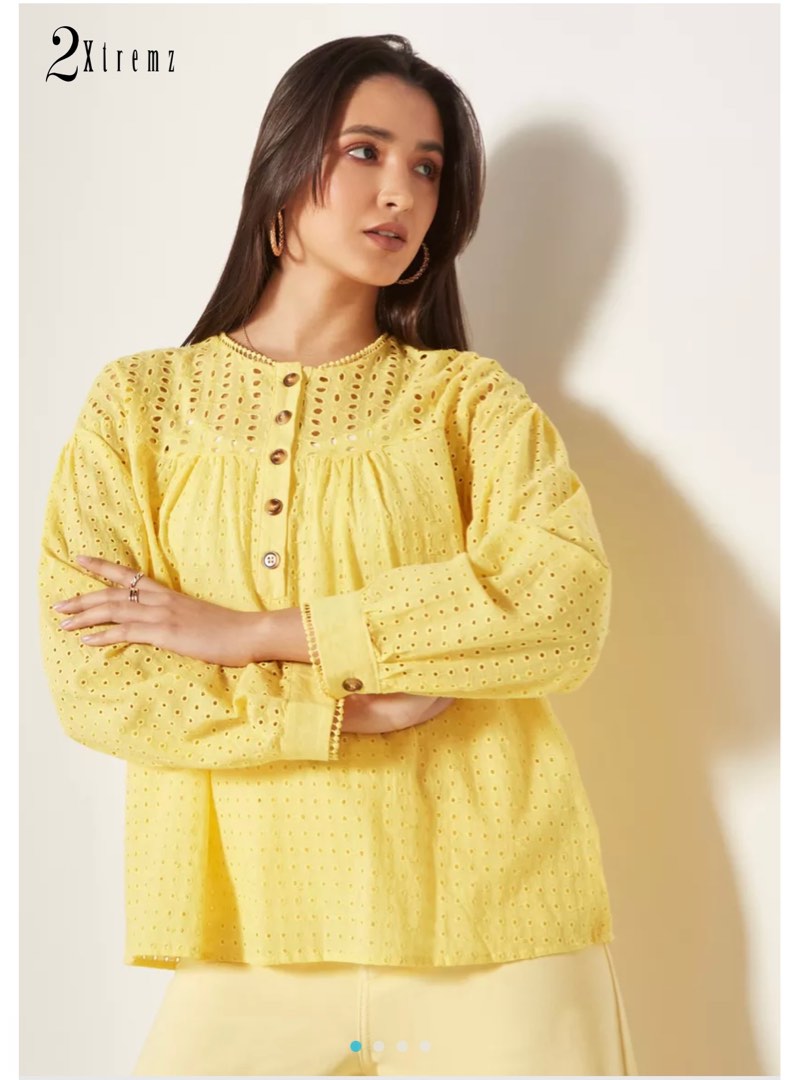 Yellow eyelet button details top, Women's Fashion, Tops, Longsleeves on ...