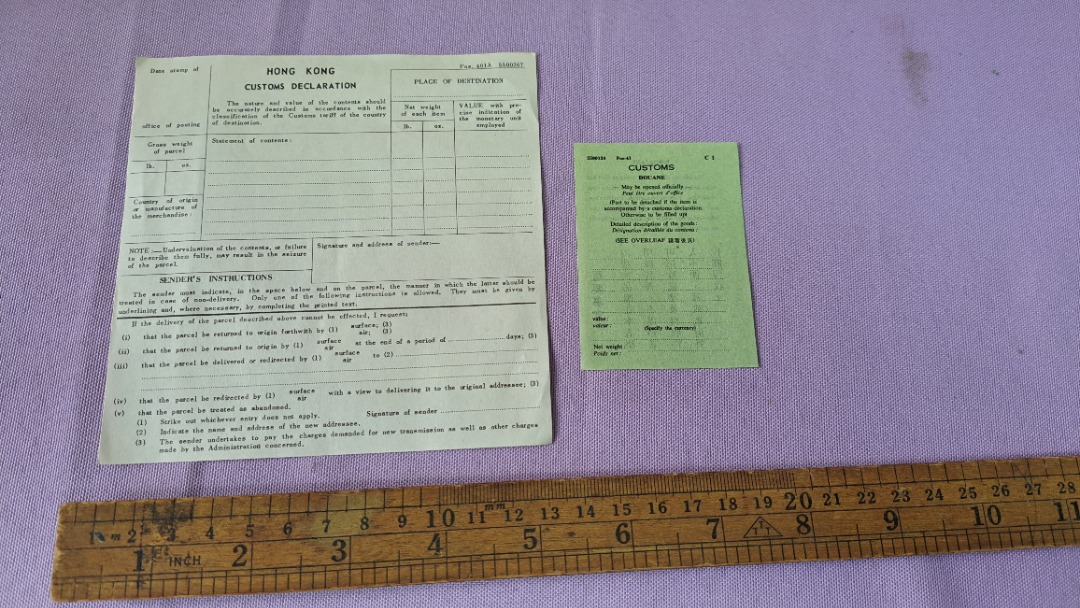 港英殖民時期 郵政署 內載物品報關表格, 共2張, Hong Kong Customs Declaration Pos.401A ...