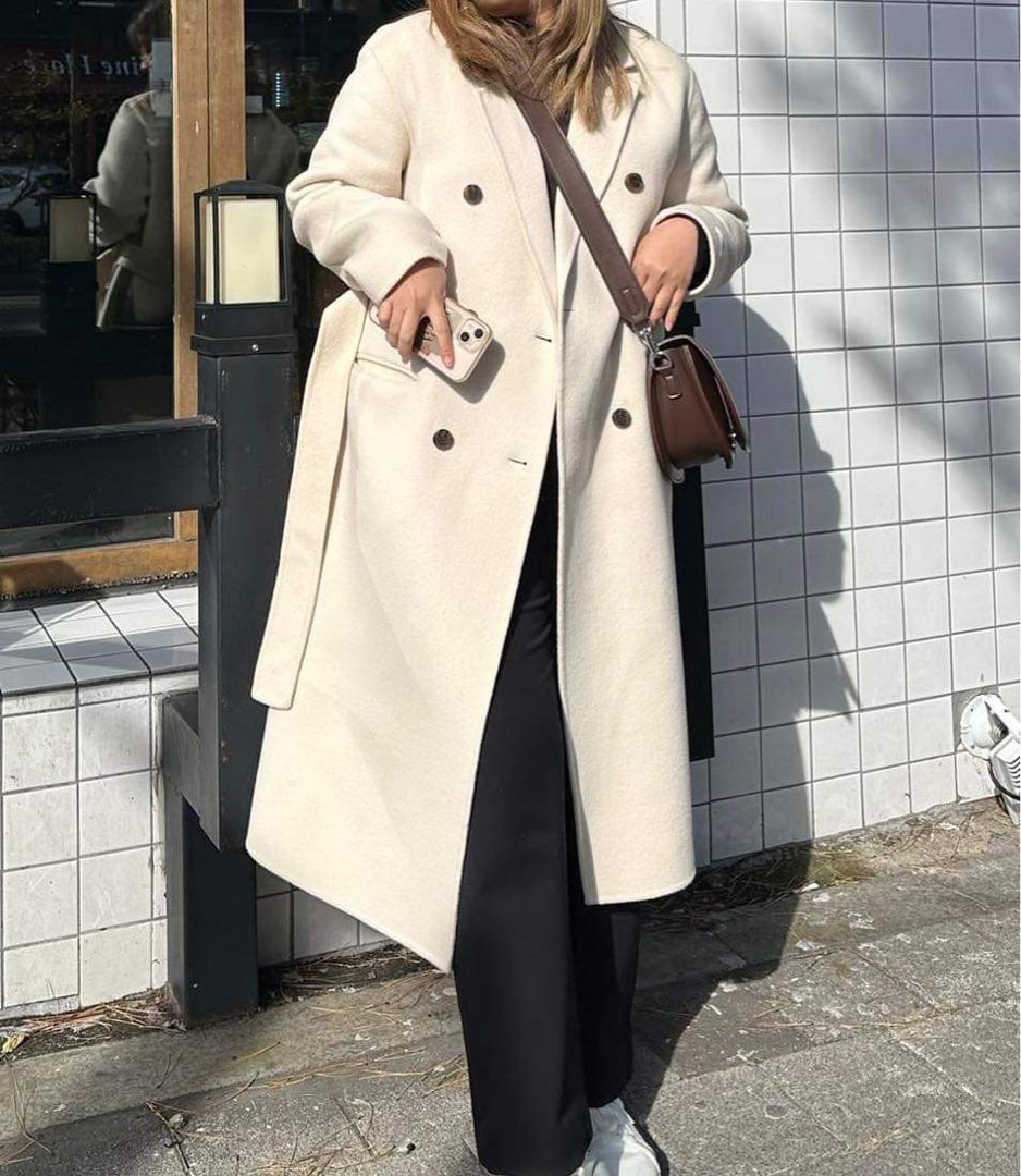 Cream / Off White Long Wool Coat w/ belt, Women's Fashion, Coats ...