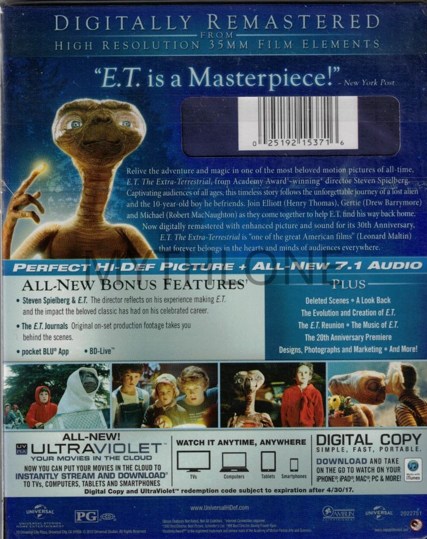 E.T The Extra Terrestrial Anniversary Edition Blu-ray with slipcover ...