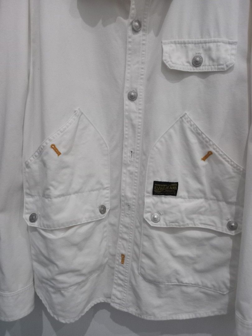 Jaket evisu denim putih, Fesyen Pria, Pakaian , Atasan di Carousell