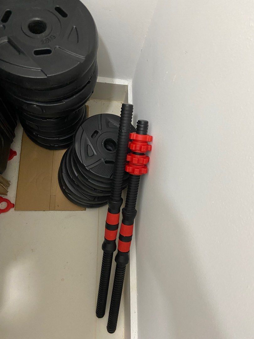 Dumbbell set 2 bars and 29 kg plates, Sports Equipment, Exercise ...