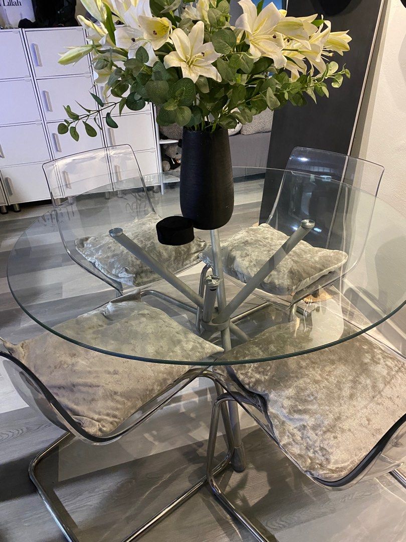 Glass table & Ghost Chairs, Furniture & Home Living, Furniture, Tables ...