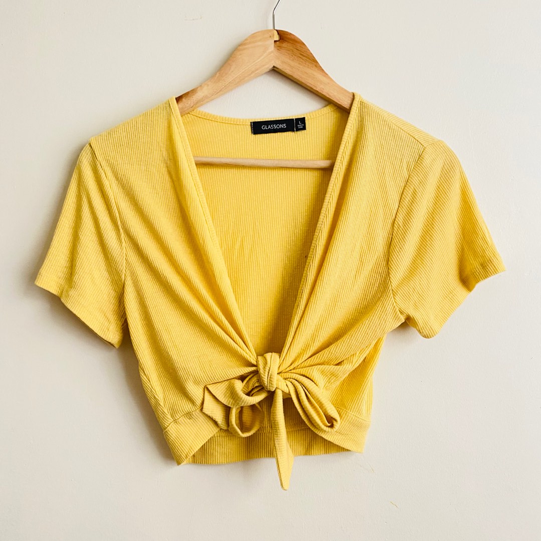 Glassons Yellow Ribbed Cropped Wrap Top, Women's Fashion, Tops, Shirts ...
