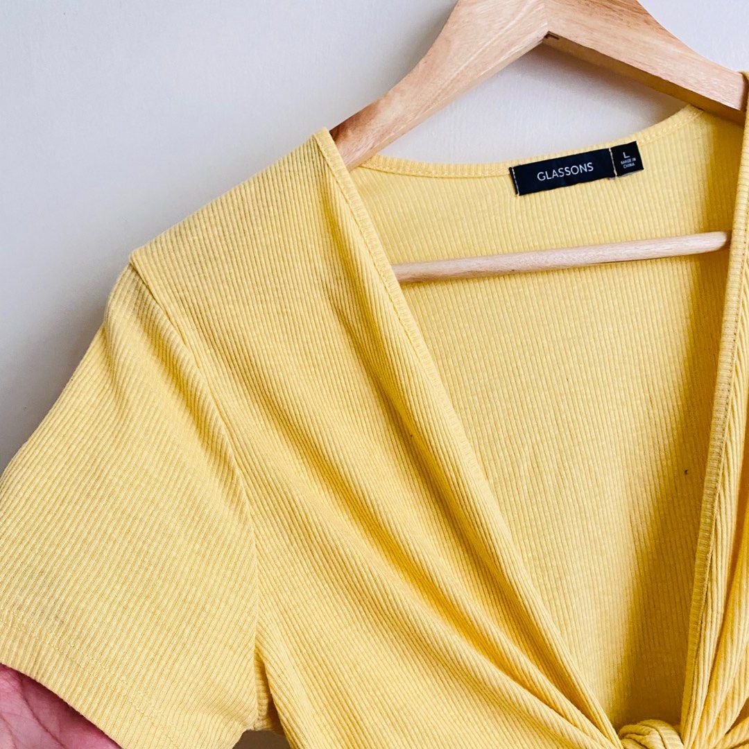 Glassons Yellow Ribbed Cropped Wrap Top, Women's Fashion, Tops, Shirts ...