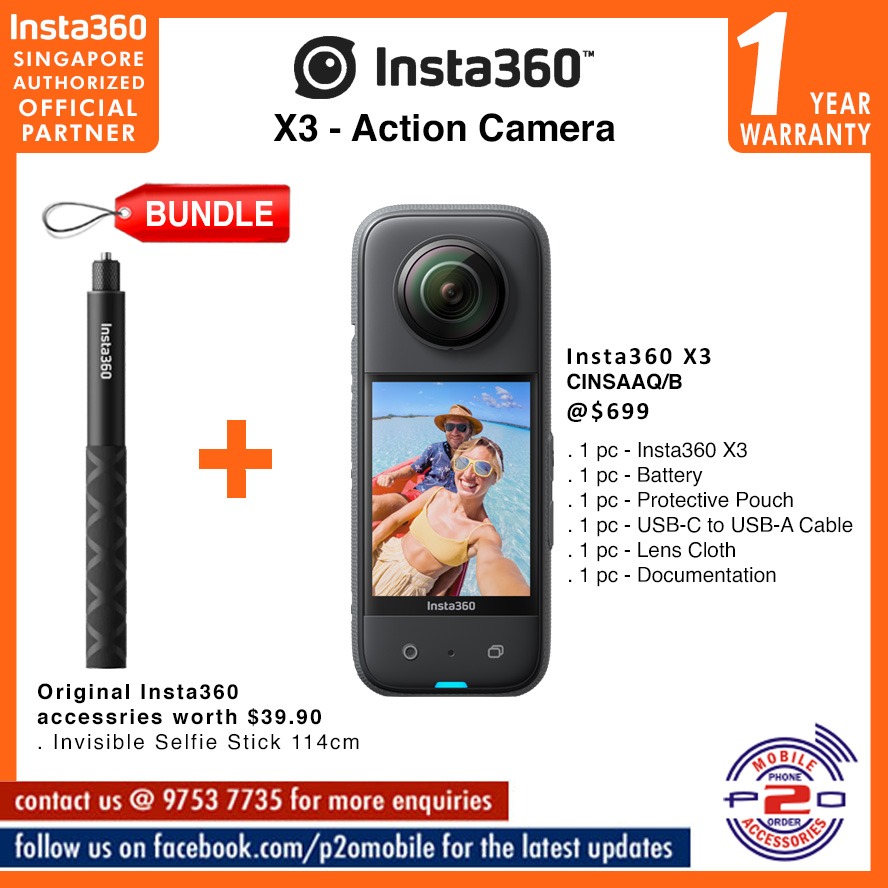 Insta360 X3 Action Camera + Insta360 Invisible Selfie Stick 114cm worth ...
