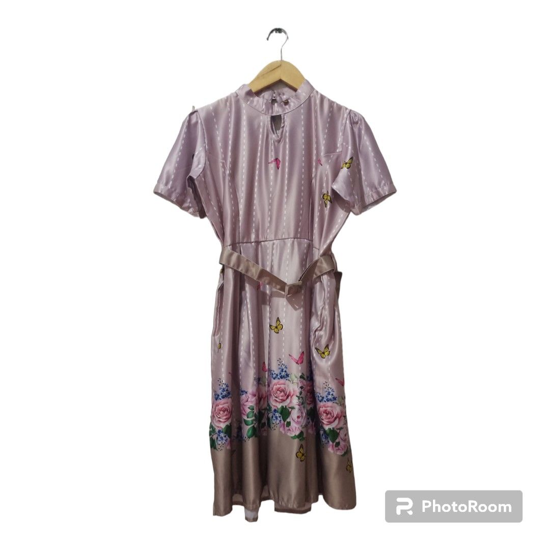 Midi Dress warna Taro muda Satin Tebal Mewah, Fesyen Wanita, Pakaian ...