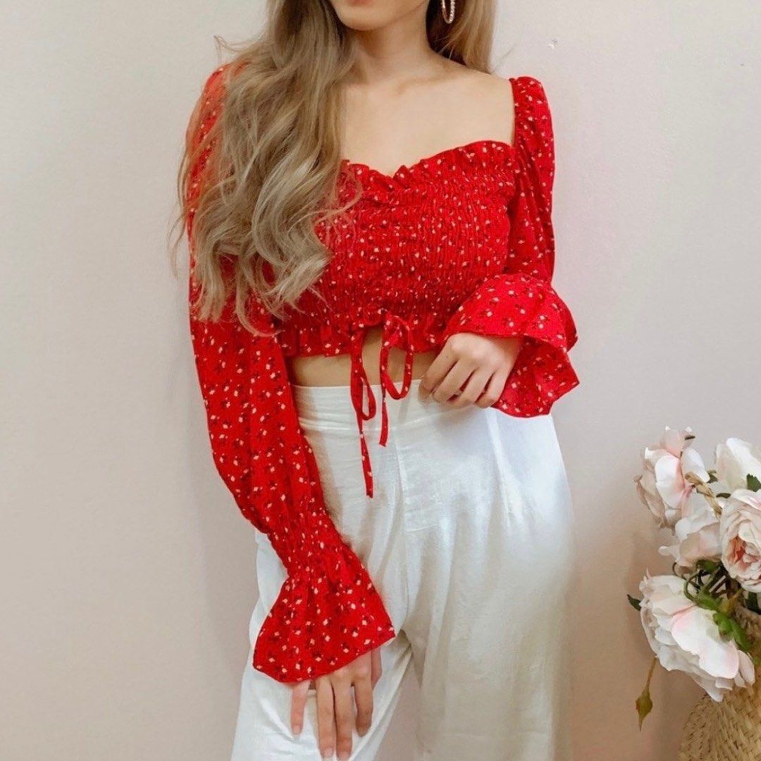 Red floral square neck off shoulder two ways long sleeves self tie top ...