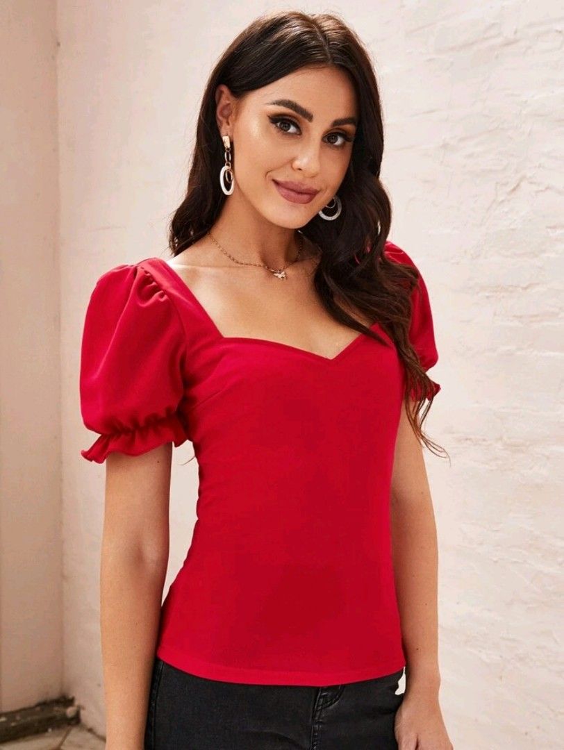 Red Puff sleeve, Women's Fashion, Tops, Blouses on Carousell