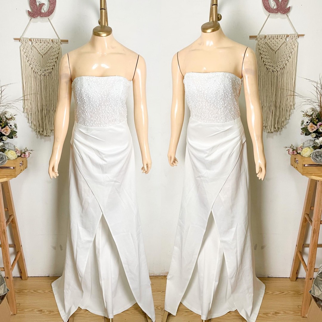 White Tube Gown Sequins With Front Slit Wedding Gown, Women's Fashion ...