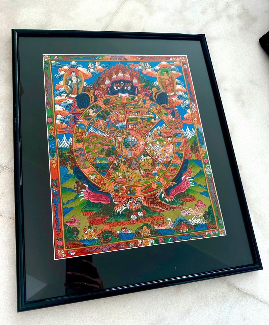 100% hand-drawn Thangka painting made in Kathmandu Valley “Wheel of ...