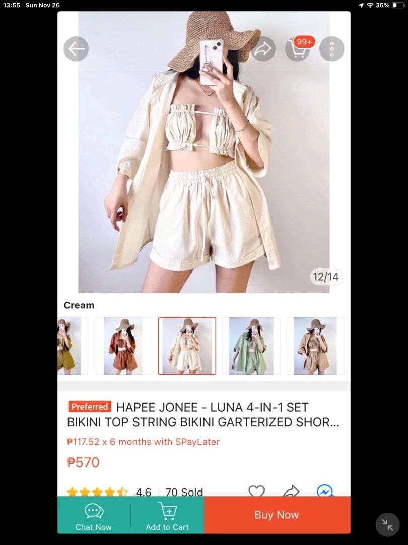 4-IN-1 SET CREAM BIKINI TOP STRING BIKINI GARTERIZED SHORTS OVERSIZED ...