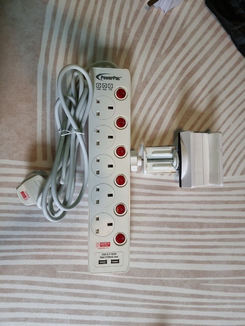 5 x 3 pin socket with USB extension with or without table clamp, TV ...