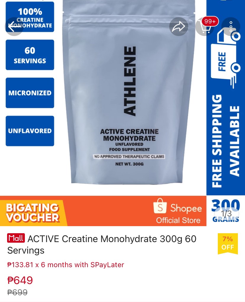 Athlene Active Creatine Monohydrate 300g (60 servings), Health ...