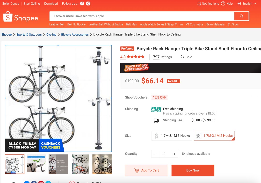 Bicycle Rack Hanger Triple Bike Stand Shelf Floor to Ceiling, Sports ...