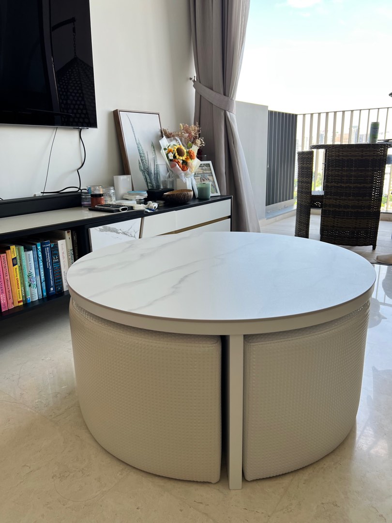 FREE DELIVERY Faux White Marble Coffee Table with Pull-Out Stools ...