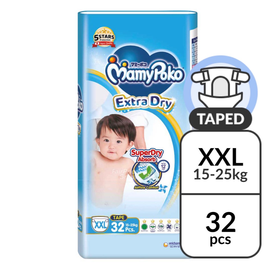 MamyPoko XXL taped diapers 32pcs per pack, Babies & Kids, Bathing ...