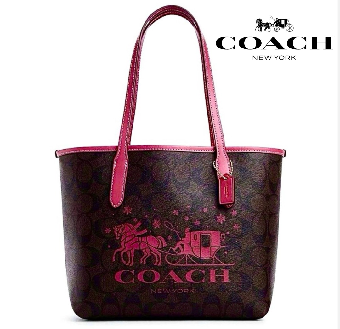 New Coach Original Dark Brown Signature Rose Pink MINI CITY TOTE IN ...
