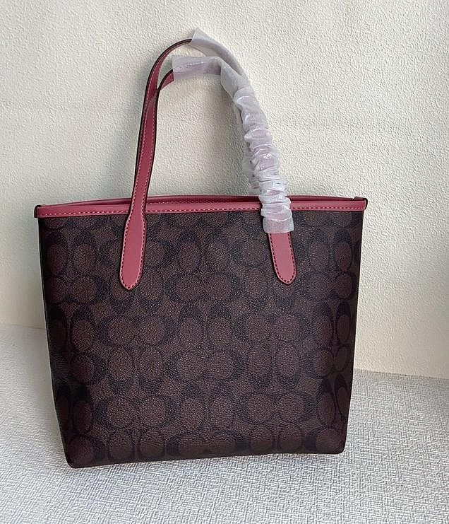 New Coach Original Dark Brown Signature Rose Pink MINI CITY TOTE IN ...