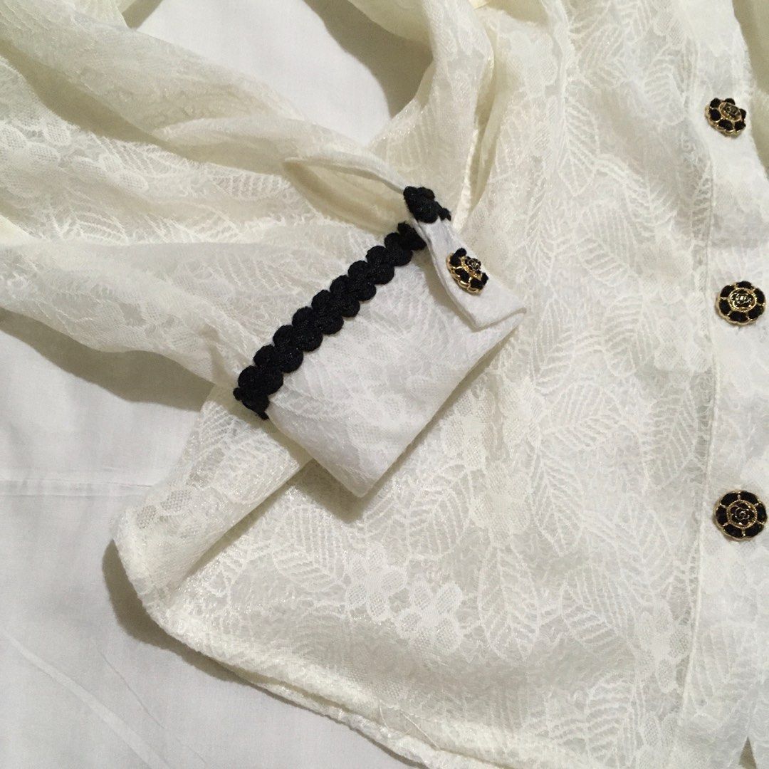 white old money preppy see through long-sleeve blouse, Women's Fashion ...