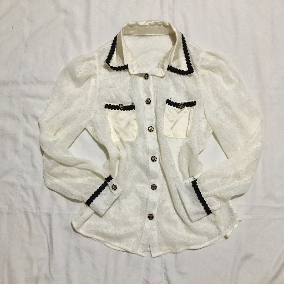 white old money preppy see through long-sleeve blouse, Women's Fashion ...