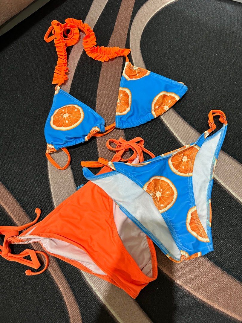 Orange two-piece swimsuit with two bottom pair, Women's Fashion ...