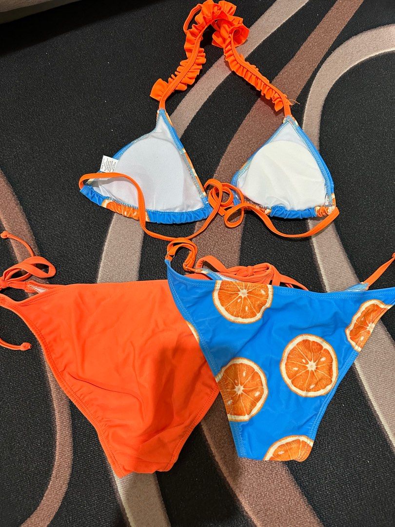 Orange two-piece swimsuit with two bottom pair, Women's Fashion ...