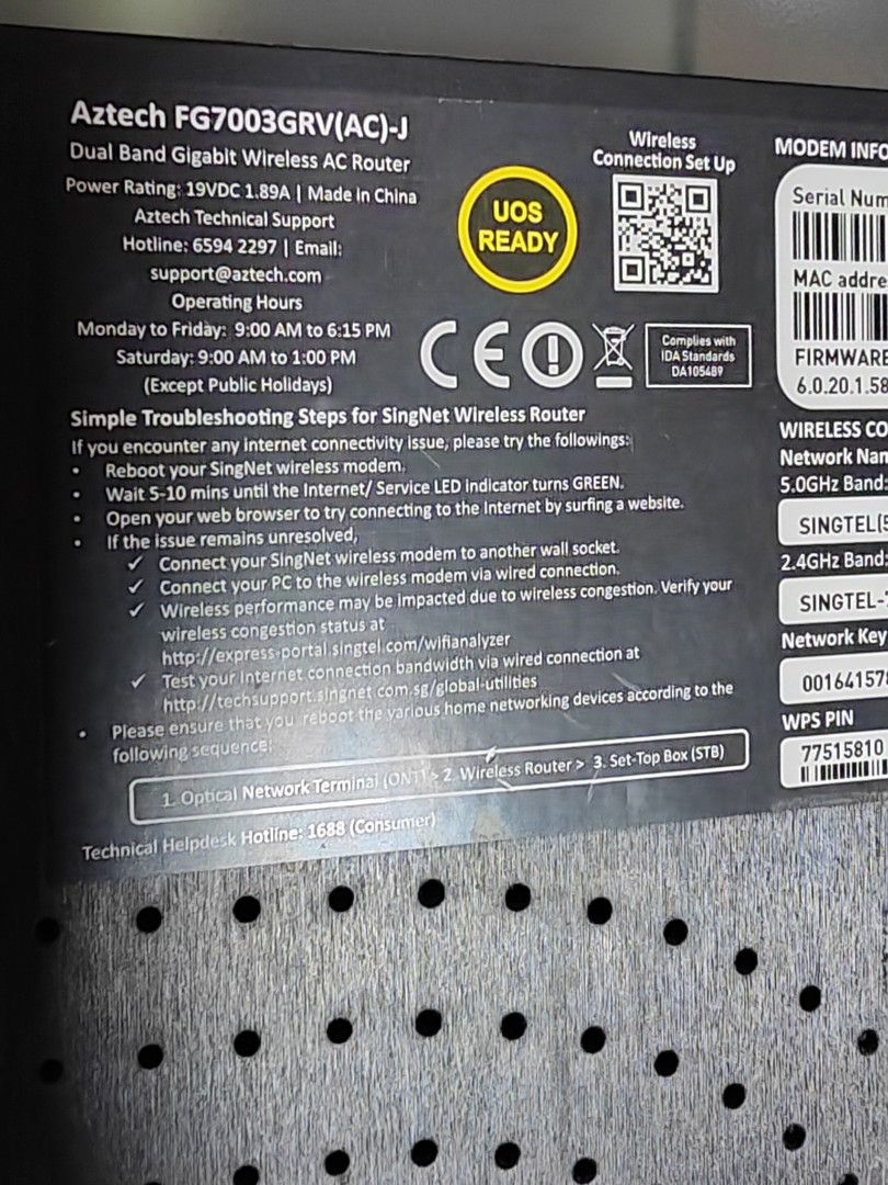 Singtel Gigabit Dual Band AC 5GHz Wireless Router Optical Network ...