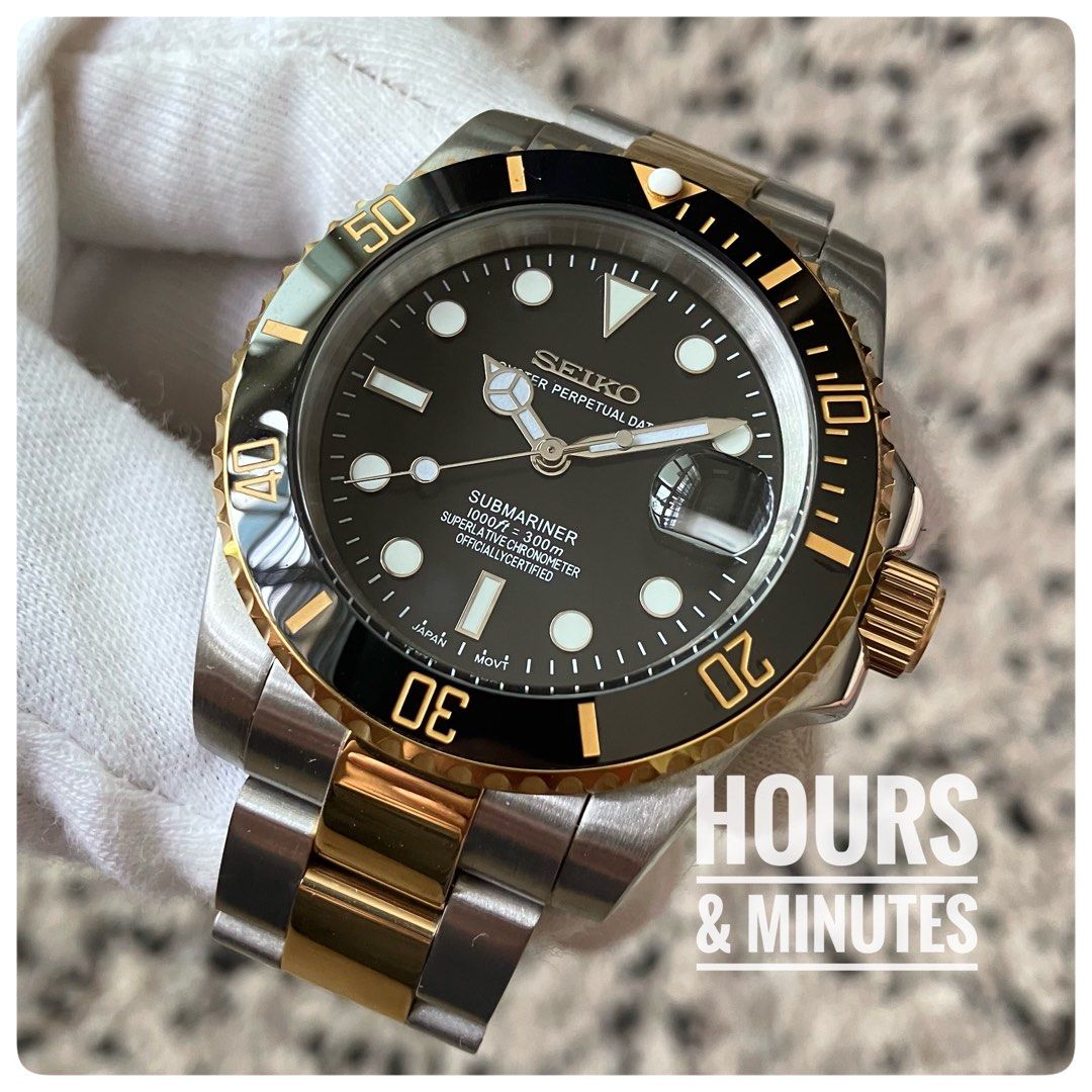 Submariner Black Steel Gold automatic watch - Seiko mod, Men's Fashion ...