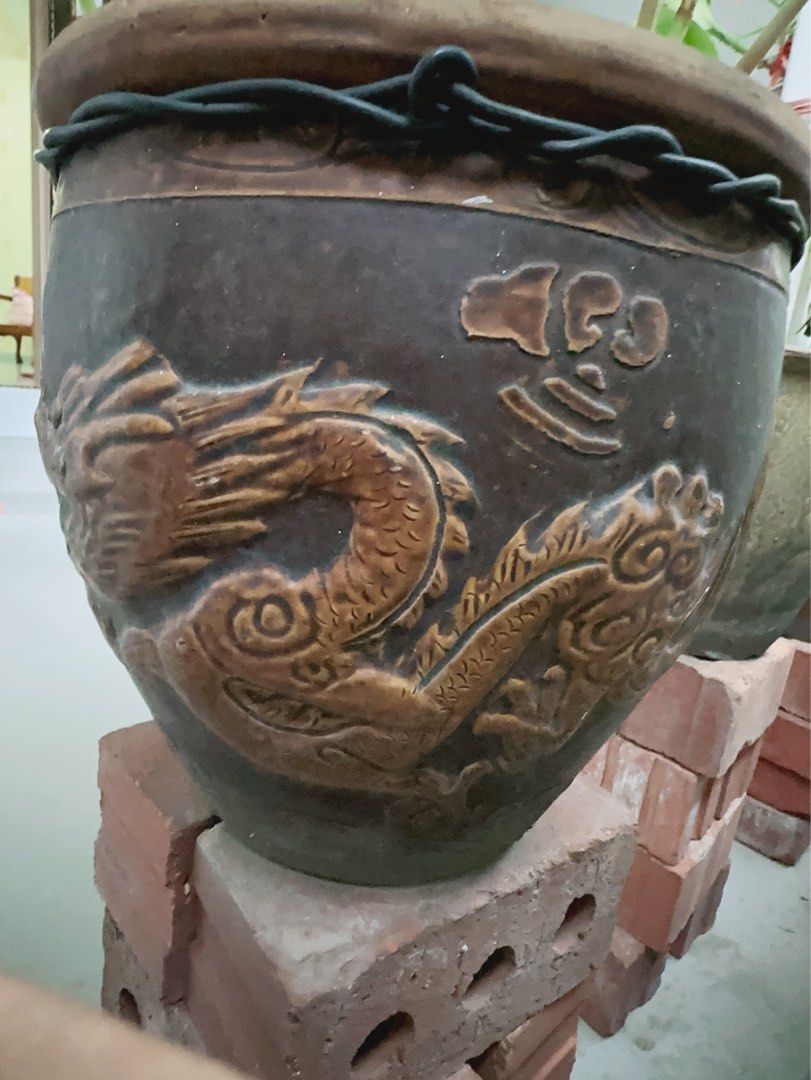 Vintage Antique Chinese Dragon Pot with Plant, Furniture & Home Living ...